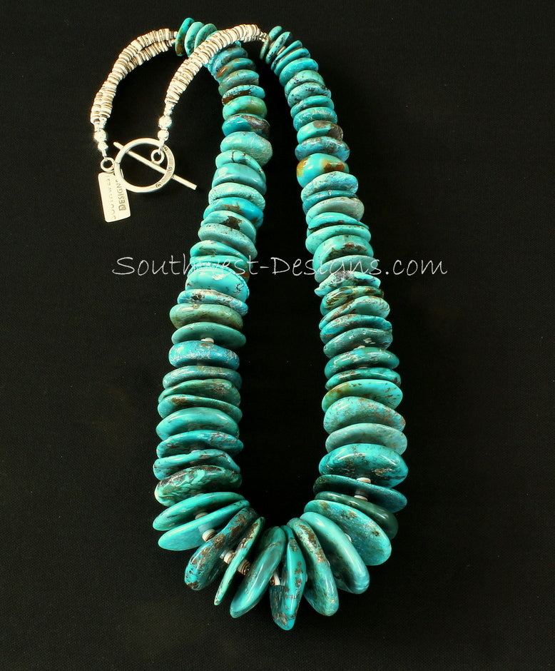 Turquoise Graduated Disc Necklace with Olive Shell Heishi & Sterling ...